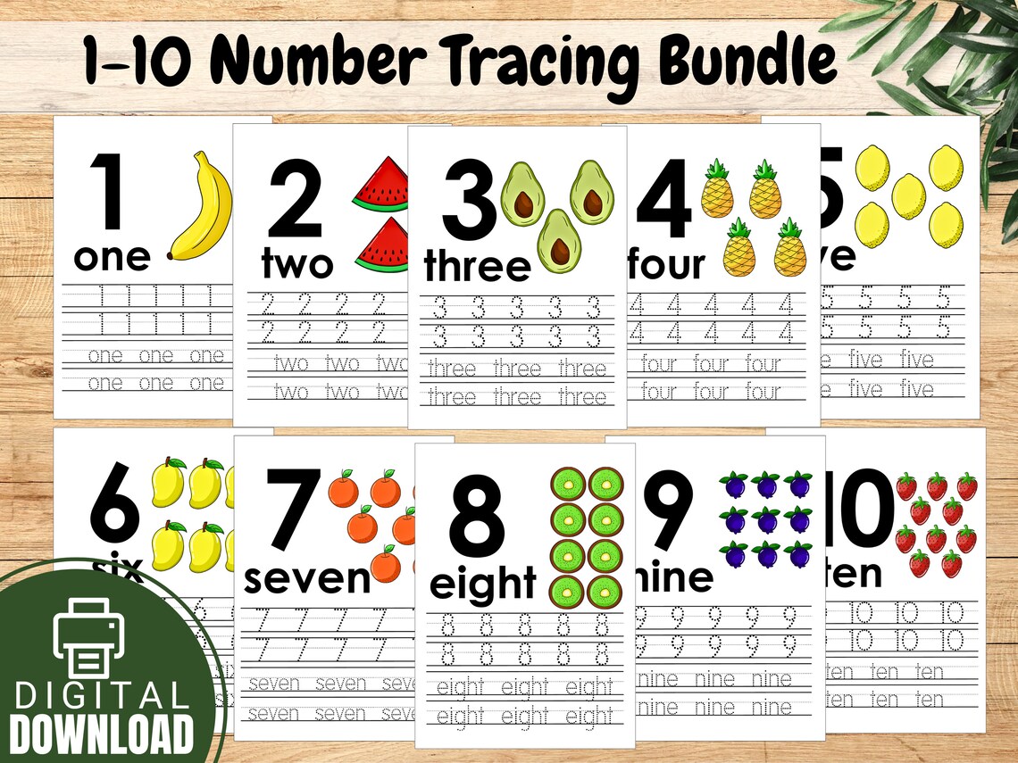 1-10 Number Tracing Worksheets Printable, Fruit Counting, Learning to ...