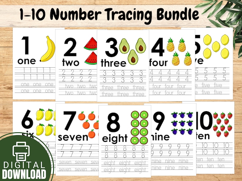 1-10 Number Tracing Worksheets Printable, Fruit Counting, Learning to ...