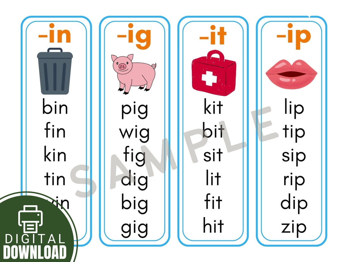CVC Bookmark Printable Word Families, CVC List, Beginning Reading ...
