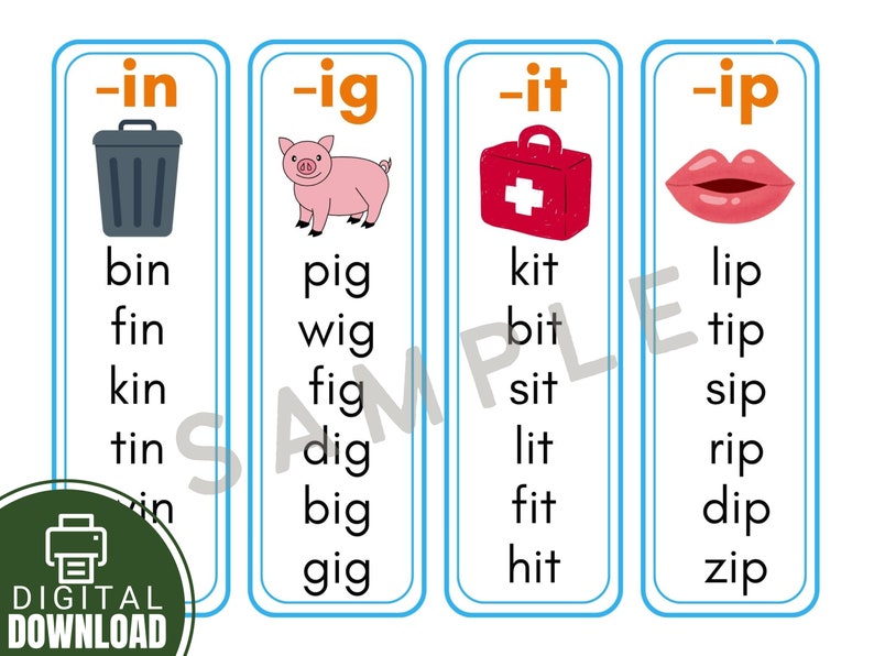 CVC Bookmark Printable Word Families, CVC List, Beginning Reading ...