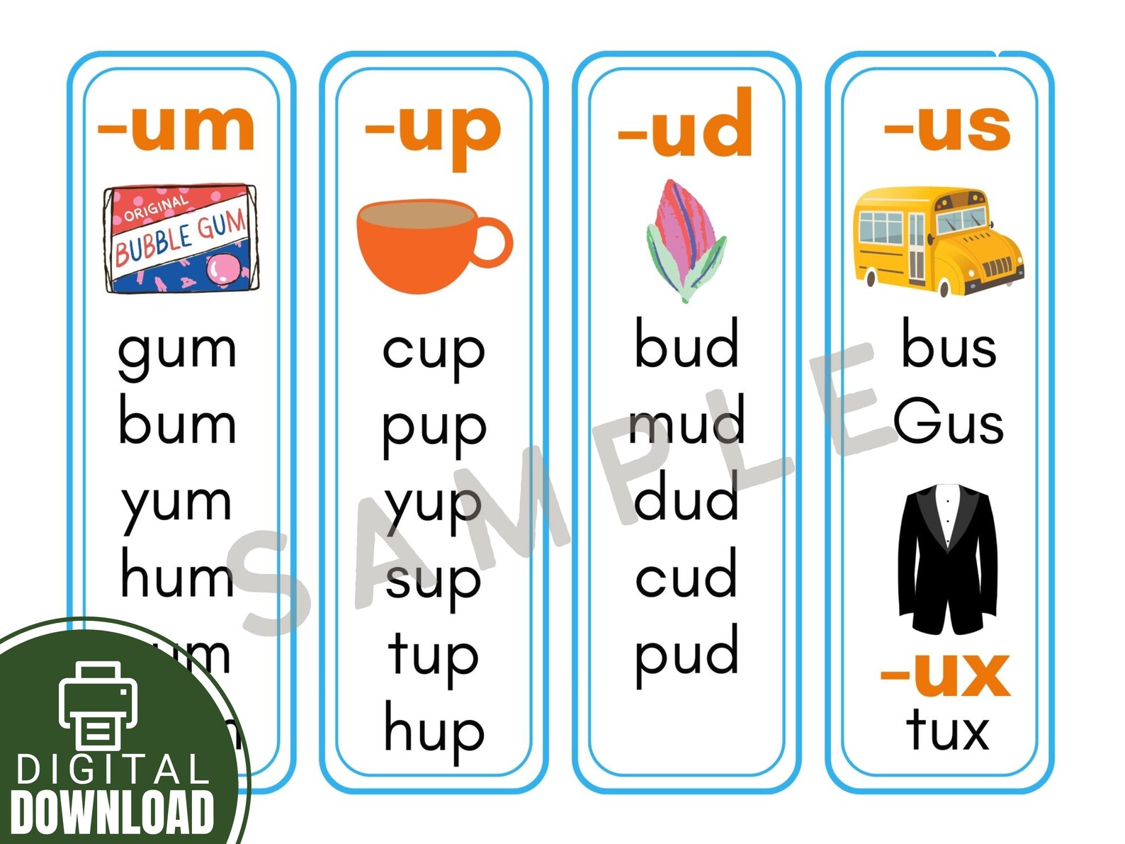 CVC Bookmark Printable Word Families, CVC List, Beginning Reading ...