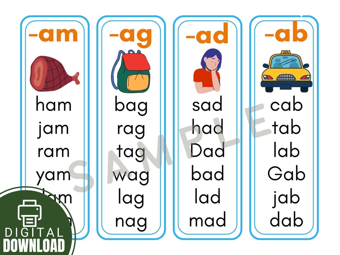 CVC Bookmark Printable Word Families, CVC List, Beginning Reading ...