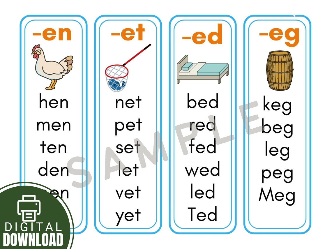 CVC Bookmark Printable Word Families, CVC List, Beginning Reading ...