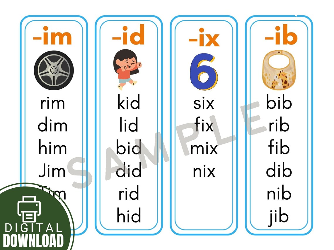 CVC Bookmark Printable Word Families, CVC List, Beginning Reading ...