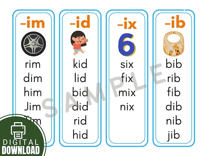CVC Bookmark Printable Word Families, CVC List, Beginning Reading ...