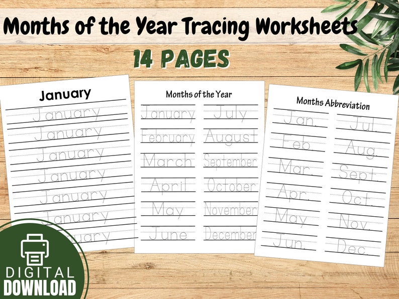 Months of the Year Tracing Worksheets Printable, Handwriting Practice ...