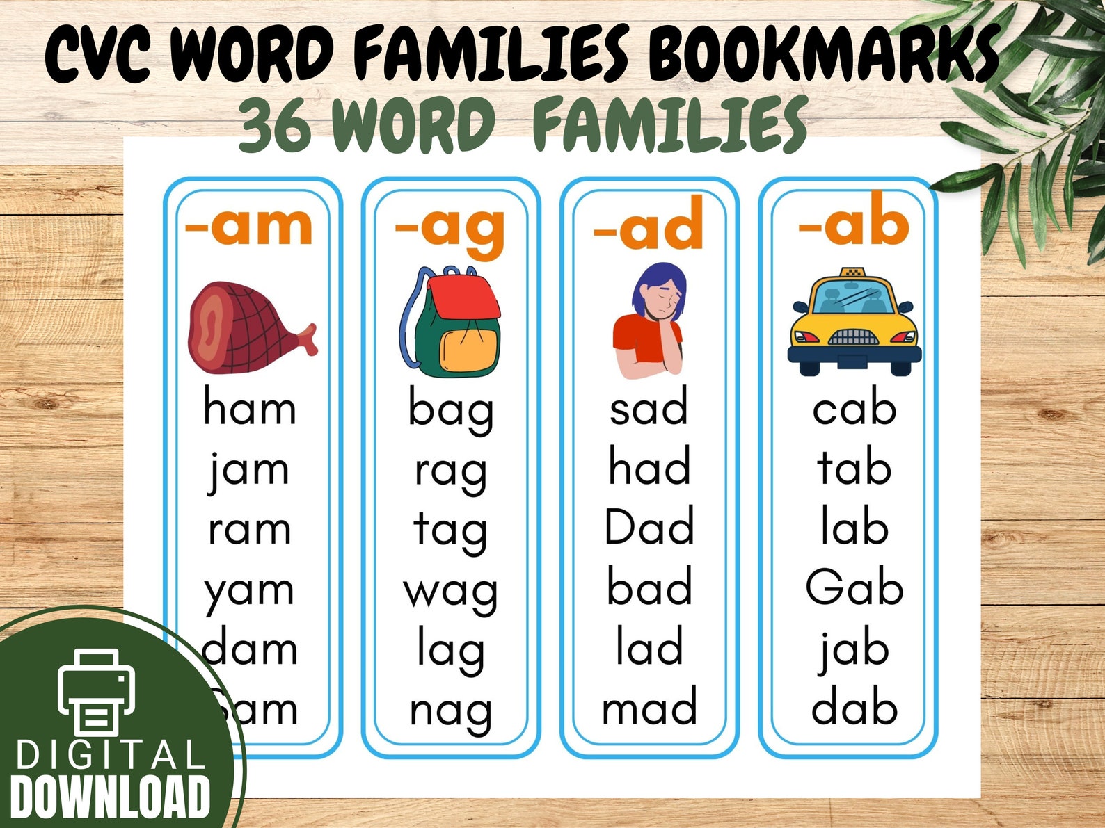 CVC Bookmark Printable Word Families, CVC List, Beginning Reading ...
