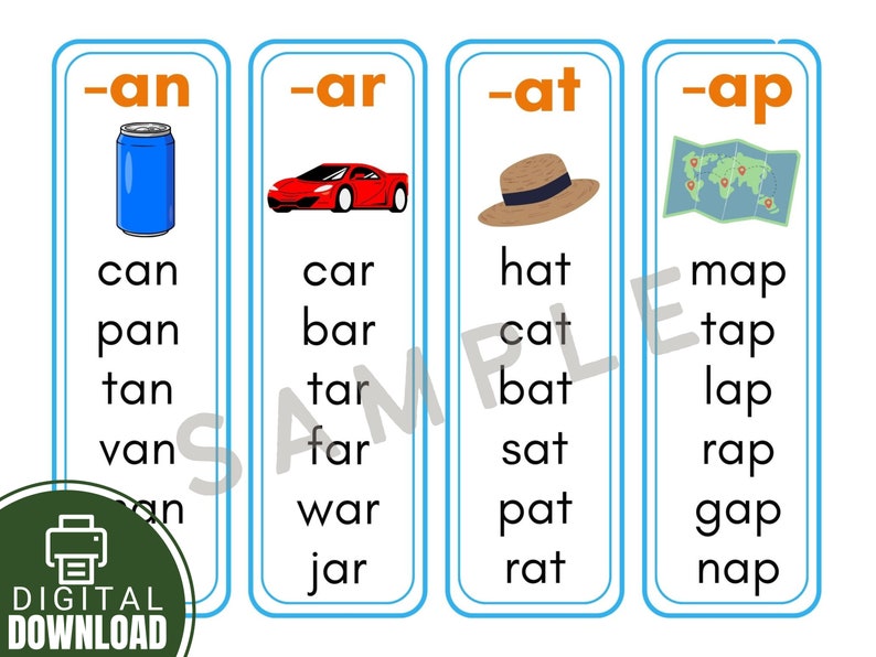 CVC Bookmark Printable Word Families, CVC List, Beginning Reading ...