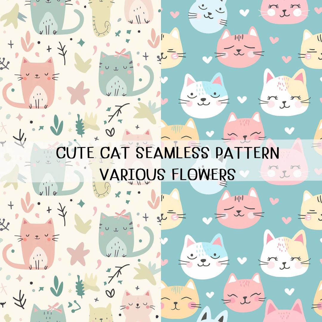 Digital Paper. Cute Cat, Seamless Pattern Pastel,cute Cat Digital Paper ...