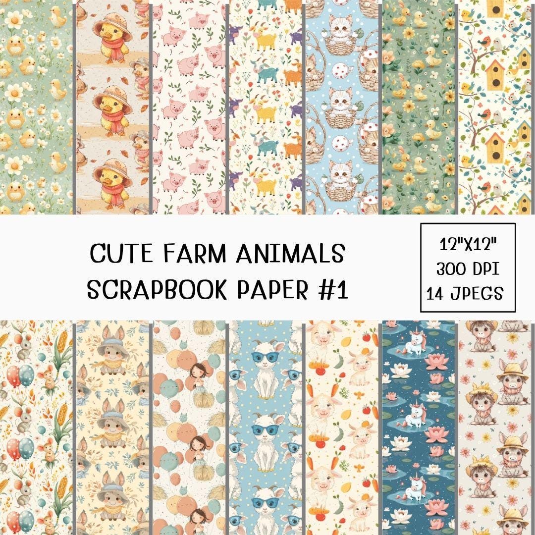 Digital Paper Cute Farm Animals Pastel Seamless Pattern Digital Paper ...