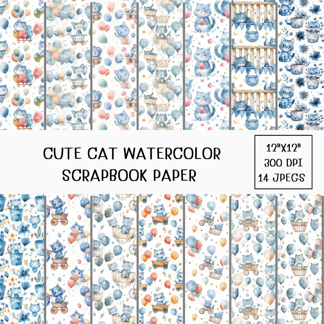 Digital Paper. Cute Cat, Seamless Pattern Watercolor,cute Cat Digital ...