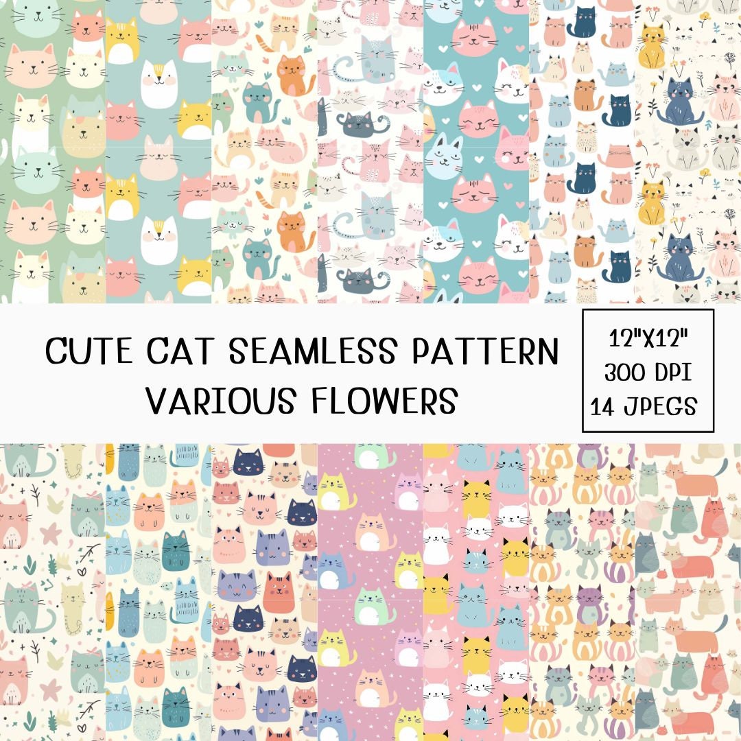 Digital Paper. Cute Cat, Seamless Pattern Pastel,cute Cat Digital Paper ...