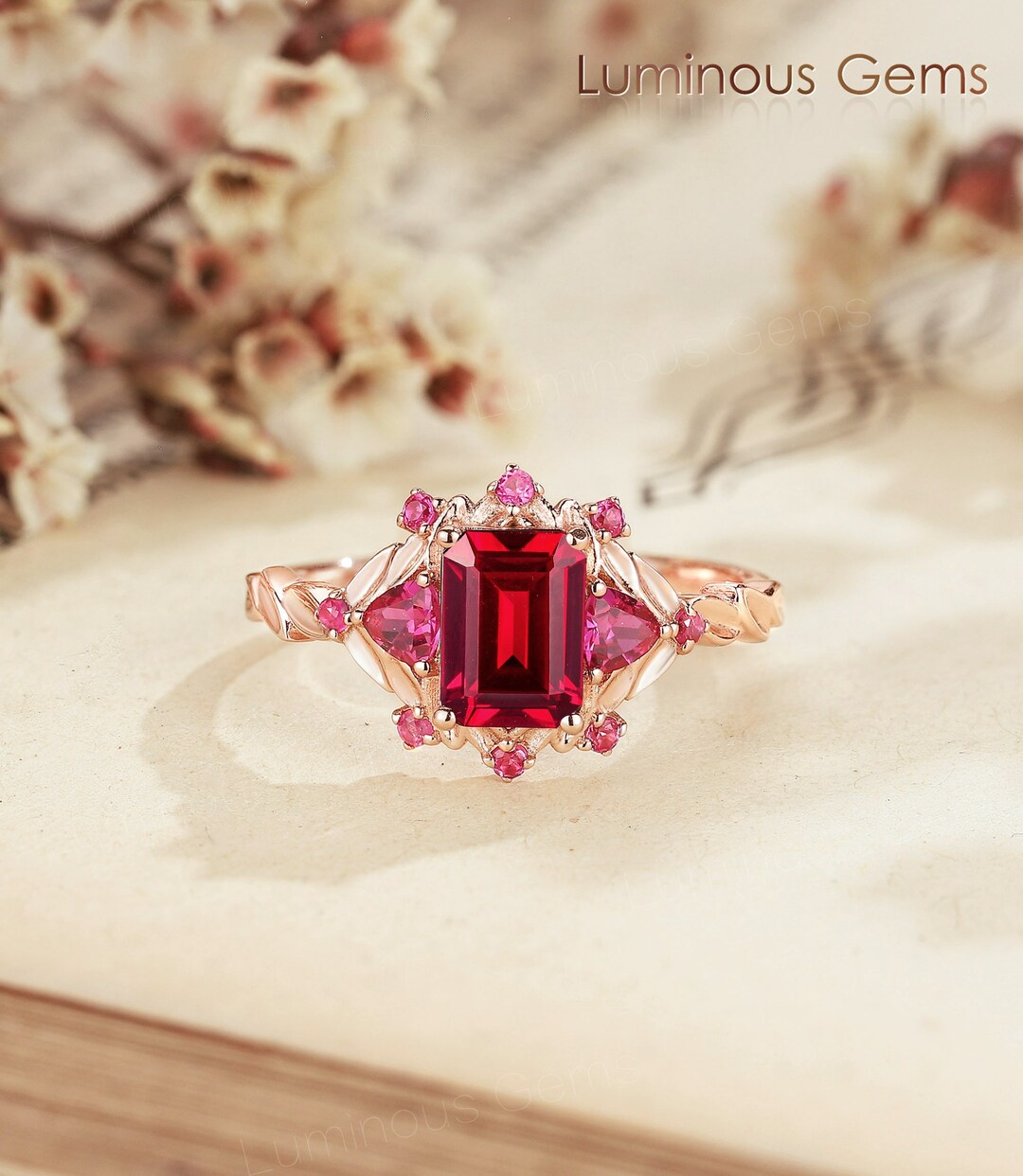 Vintage Princess Cut Ruby Wedding Ring Unique 14k Gold Cluster Ring ...