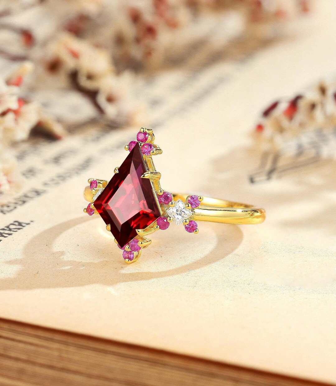 Kite Cut Garnet Ring: Vintage Ruby Cluster, Handmade Promise Ring - Etsy
