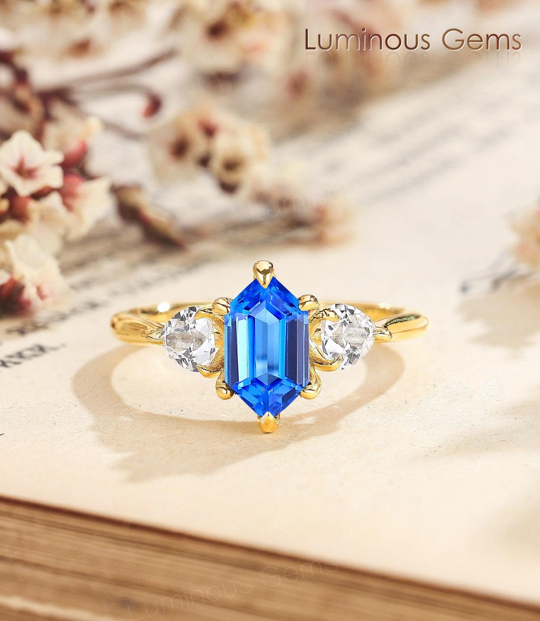 Hexagon Blue Spinel Engagement Ring Vintage Blue Gemstone Wedding Ring ...