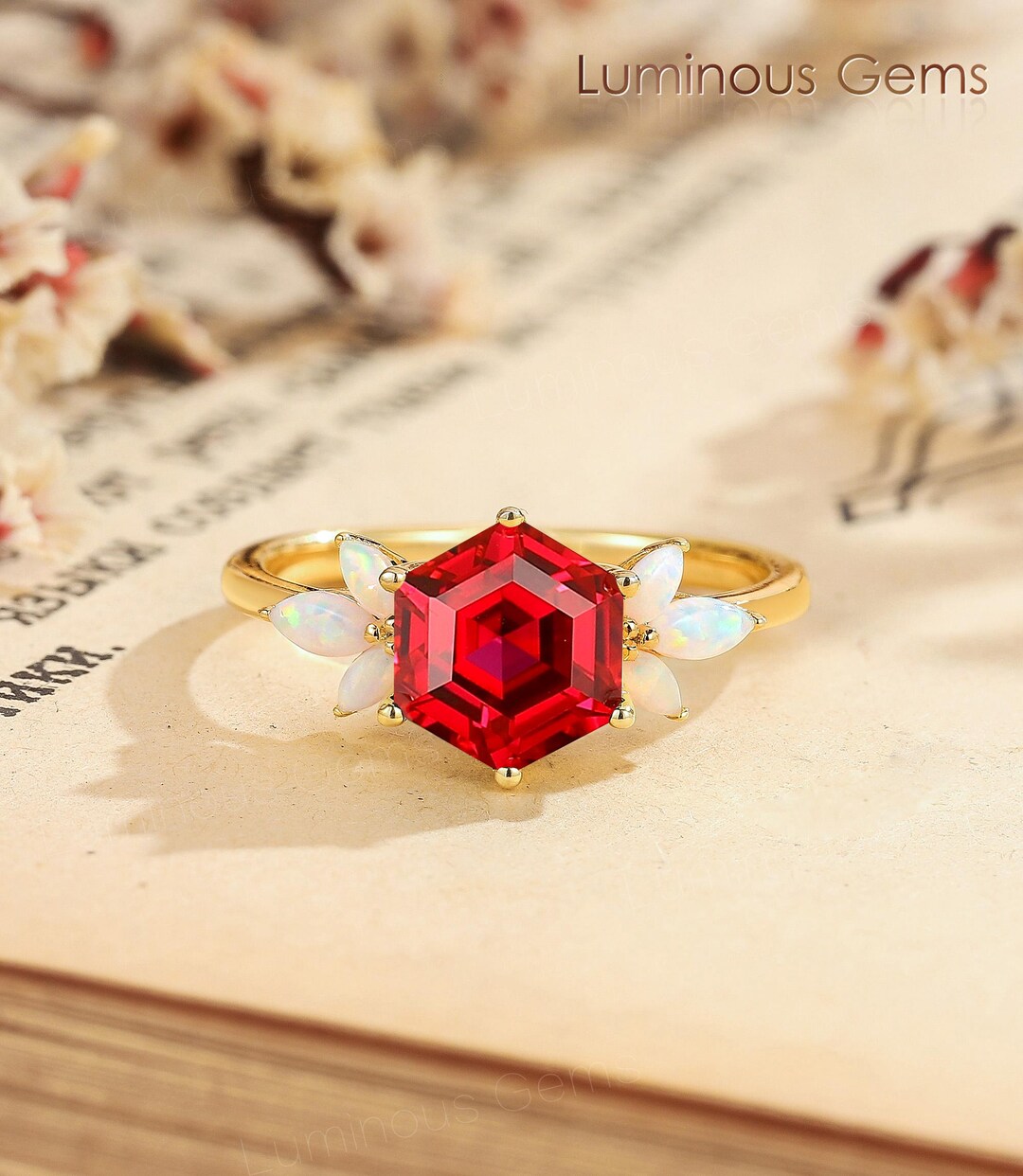 Hexagon Ruby Engagement Ring: Opal Flower 14k Gold Promise Ring - Etsy