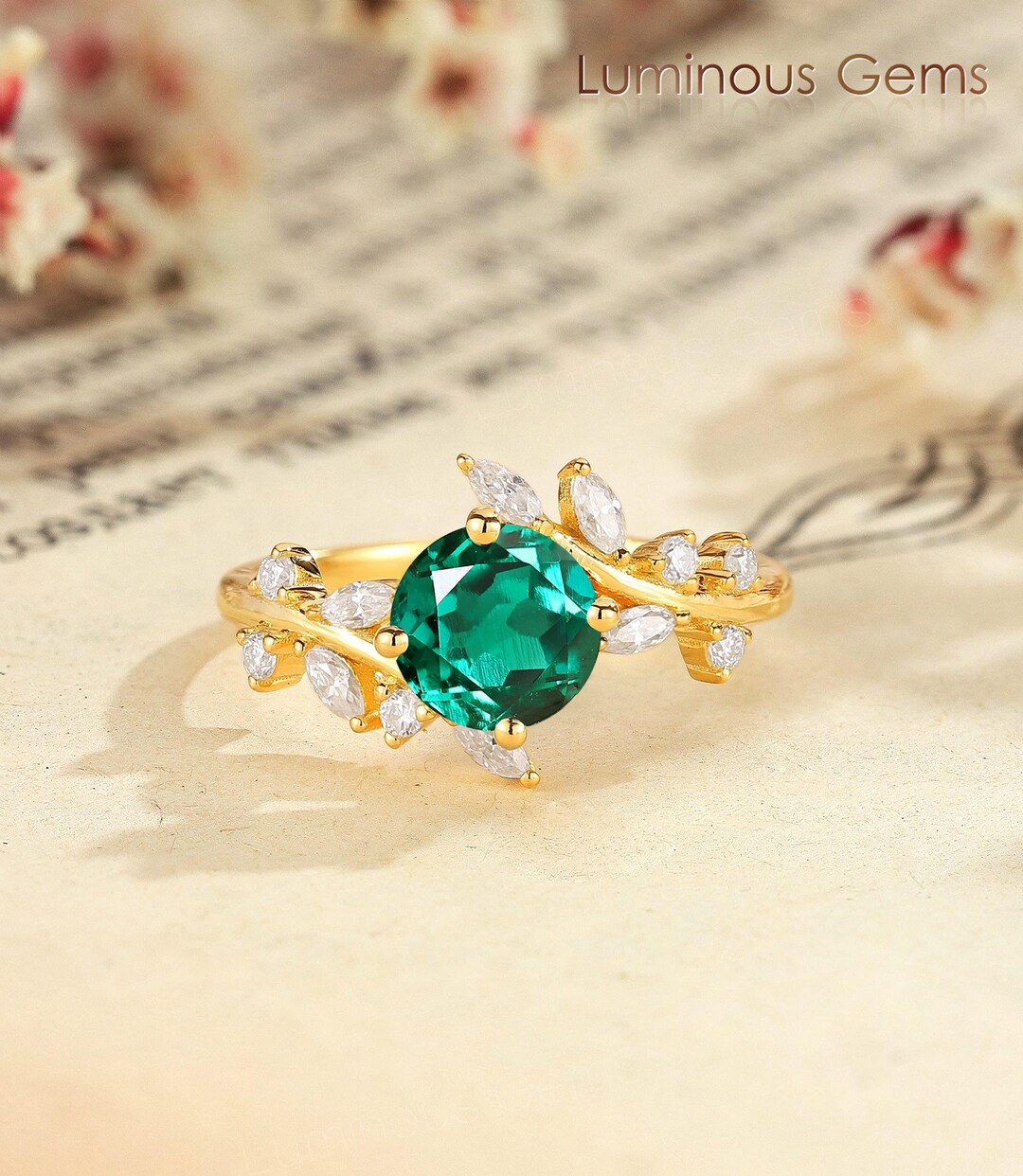 Vintage Round Shaped Emerald Engagement Ring Nature Inspired Marquise ...