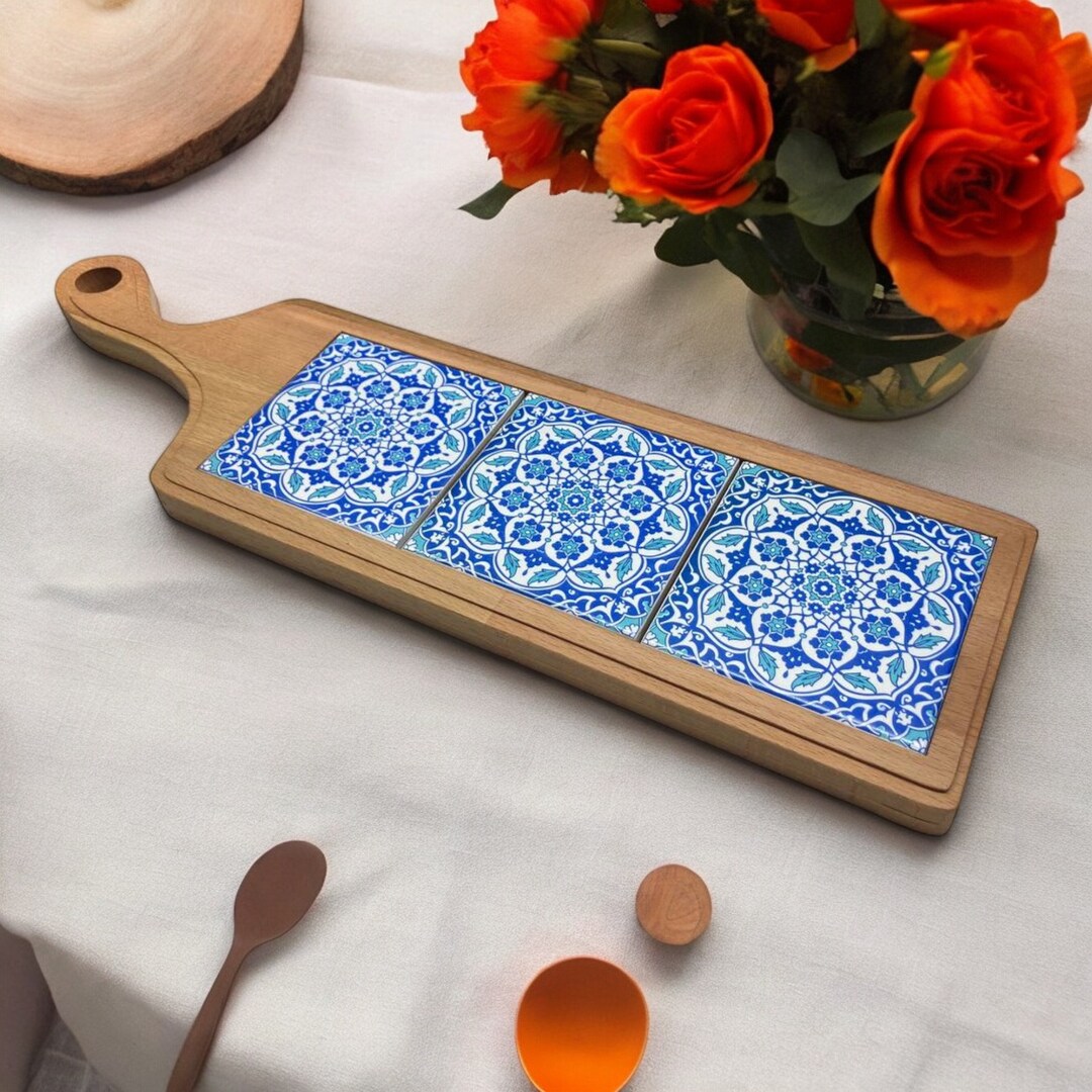 Wooden Serving Board With Ottoman Tile - Beech Wood Charcuterie Board ...