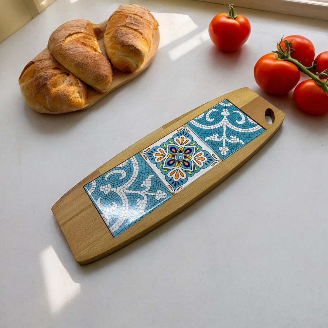 Wooden Charcuterie Board With Tile - Cutting Board - Cheese Serving ...