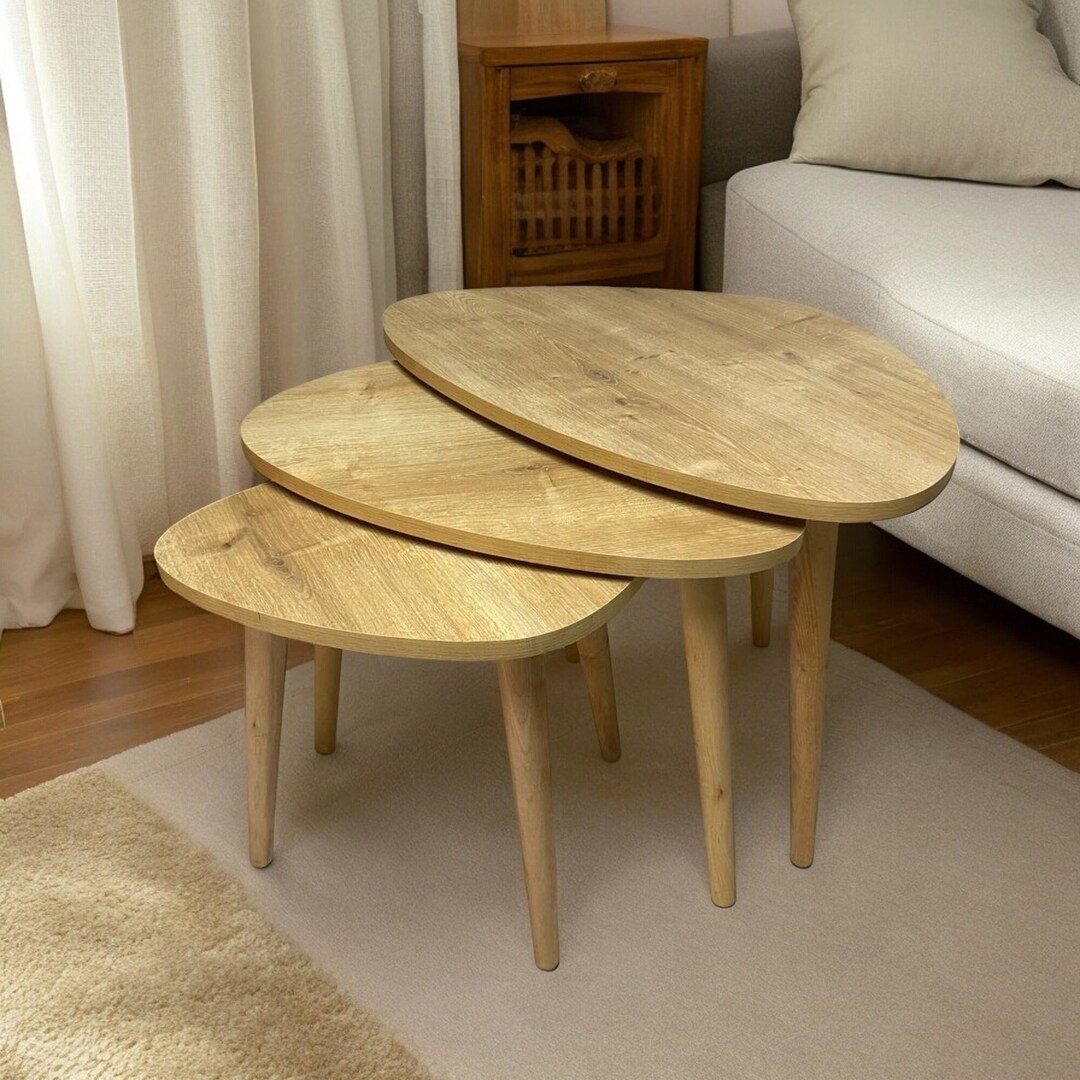 Wooden Oval Nesting Coffee Table - Modern Side Table - Living Room Furniture - Mid Century Table ...