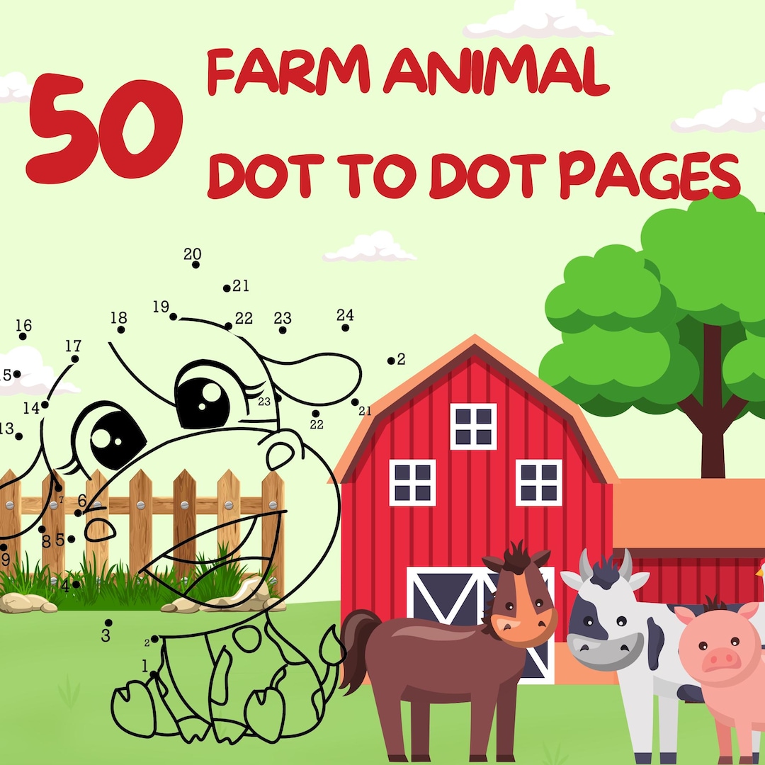 50 Farm Animal Dot-to-dot Pages Fun and Educational Activity Book for ...
