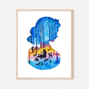 Snow White & the Seven Dwarf Silhouette Watercolour Art Print - Etsy