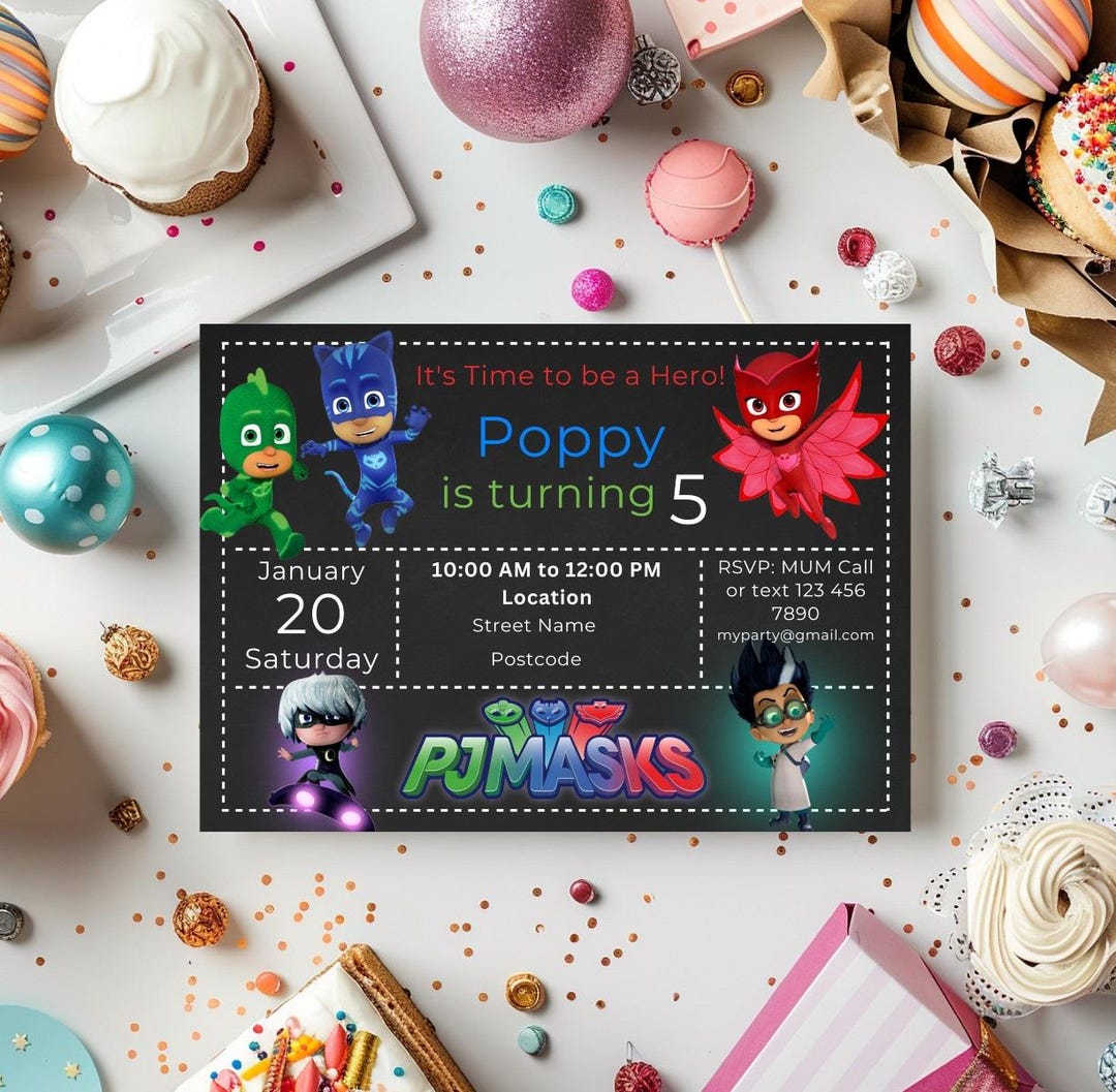 Kids PJ Masks Birthday Invitations Boys Birthday Party Girls Birthday ...