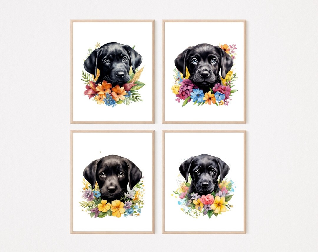Black Labrador Puppy Floral Art Print - Etsy