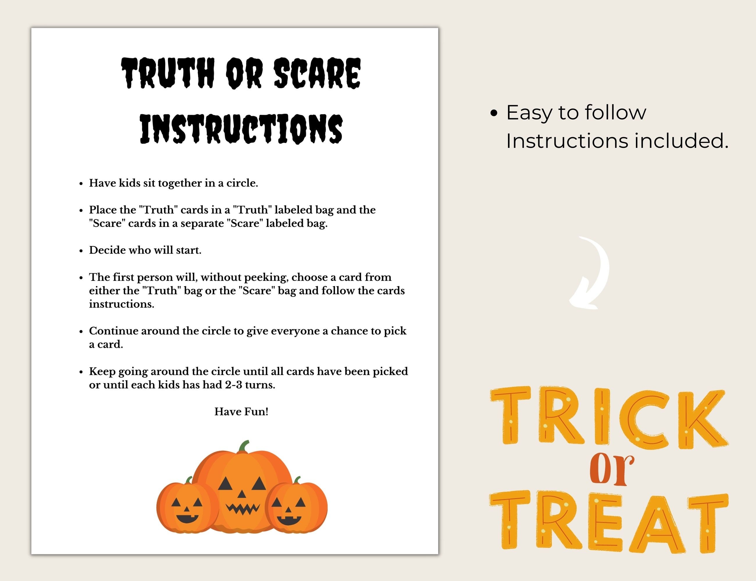 Truth or Scare, Halloween Truth or Scare Game, Printable PDF, Halloween ...