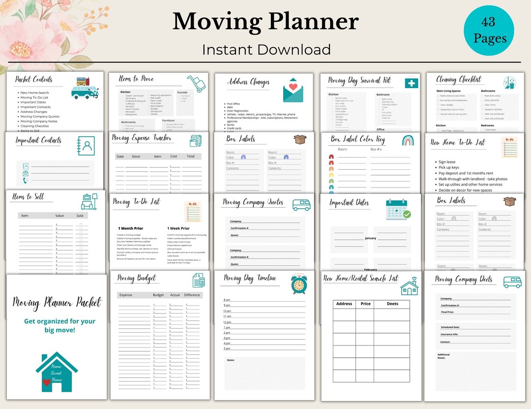 Moving Checklist Planner Moving Organization Tracker Garage Sale ...