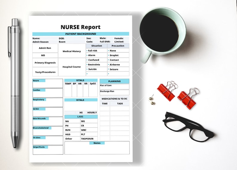 Nursing Report Sheet, Nurse Brain Sheet, RN Handoff Tool, Nurse Report Sheet Med Surg ...