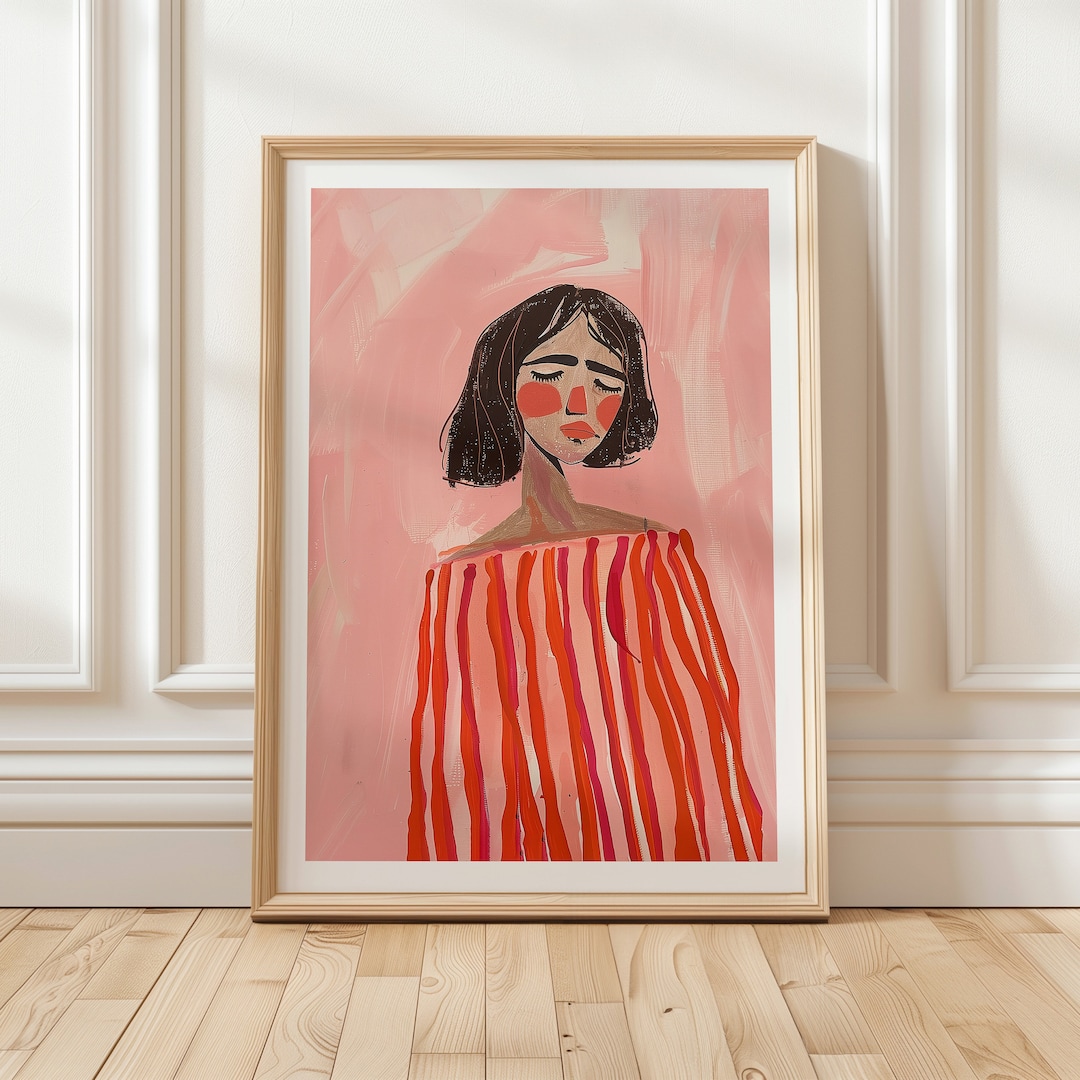 Shy Girl Art Print, Beautiful Girl Poster, Red and Pink Print, Gouache ...