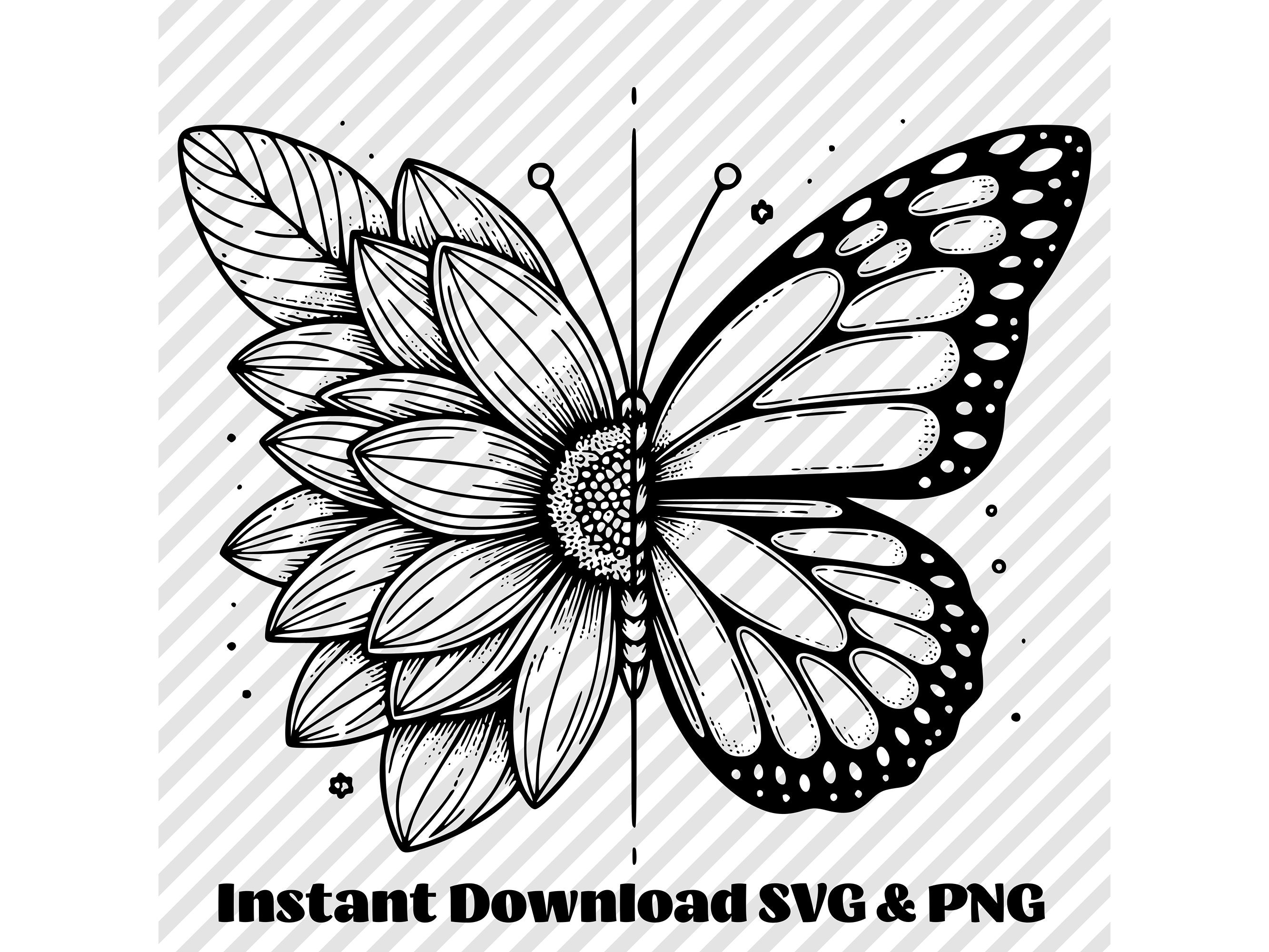 Half Butterfly Half Flower SVG PNG Printable Wall Art Line Art Flower ...