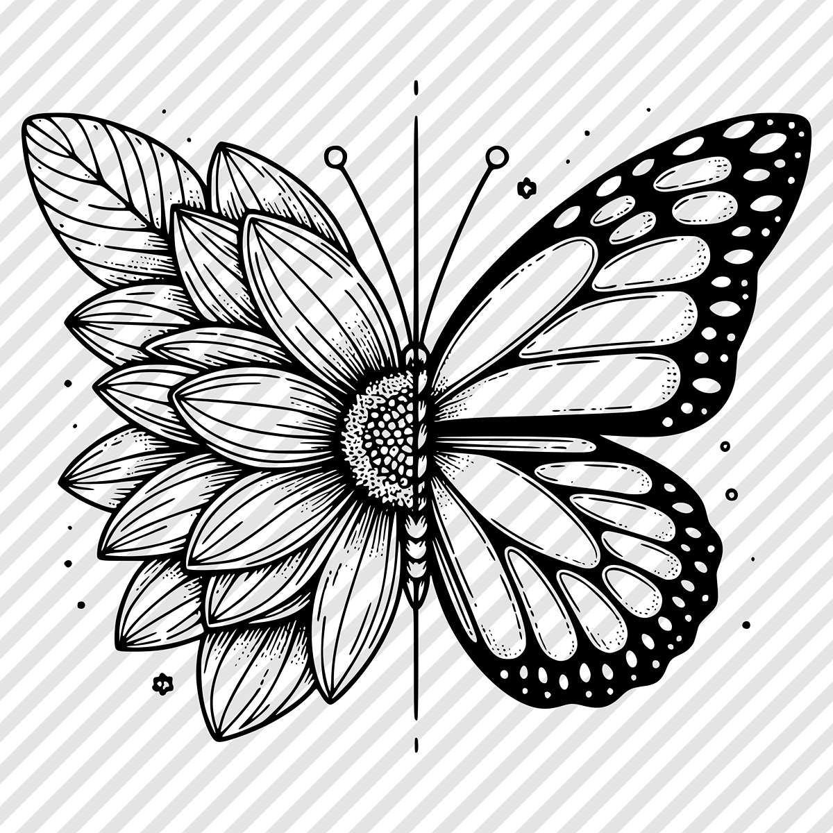 Half Butterfly Half Flower SVG PNG Printable Wall Art Line Art Flower ...