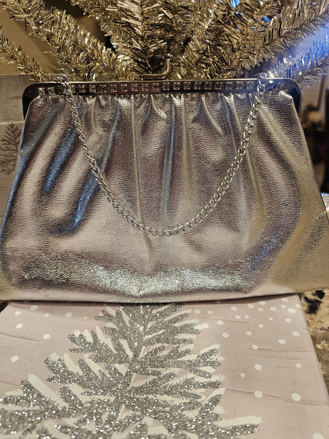 Vtg 70s Metallic Silver Clutch Purse With Chain or Handheld Metal ...