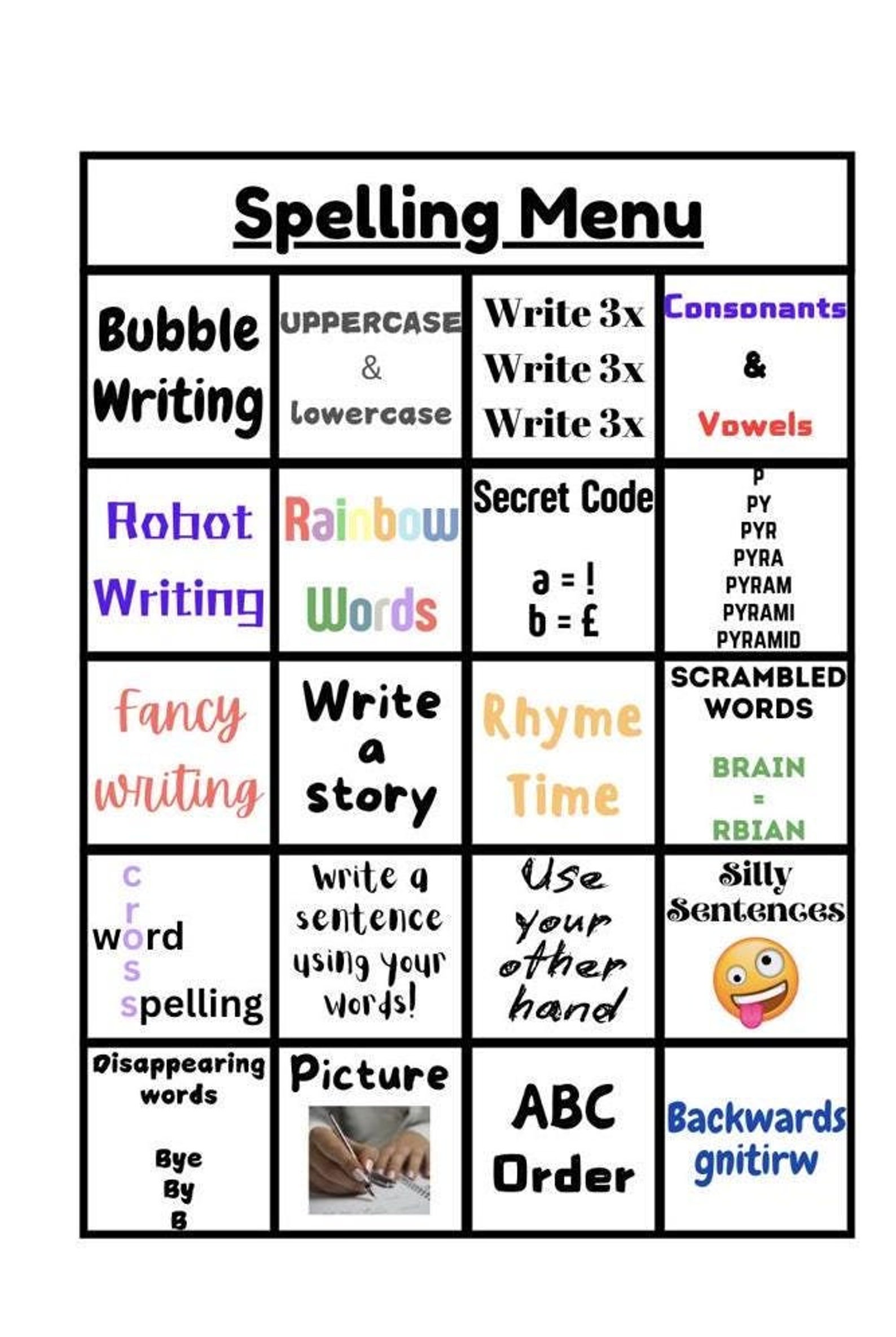 Spelling Menu - Etsy