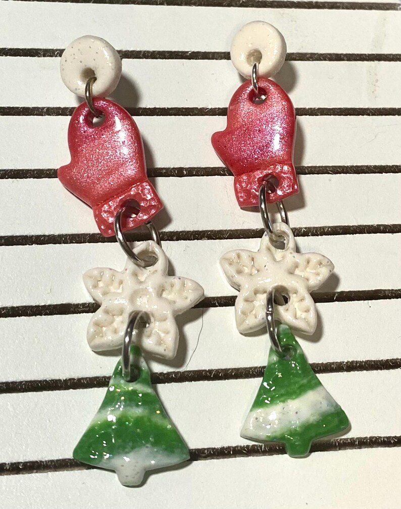 Mittens, Snowflakes, Christmas Trees, Polymer Clay, Dangle, Green, Red ...
