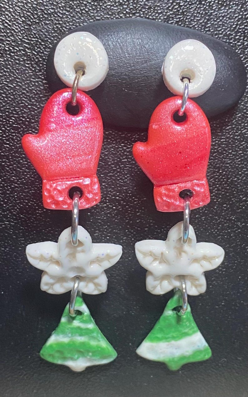 Mittens, Snowflakes, Christmas Trees, Polymer Clay, Dangle, Green, Red ...