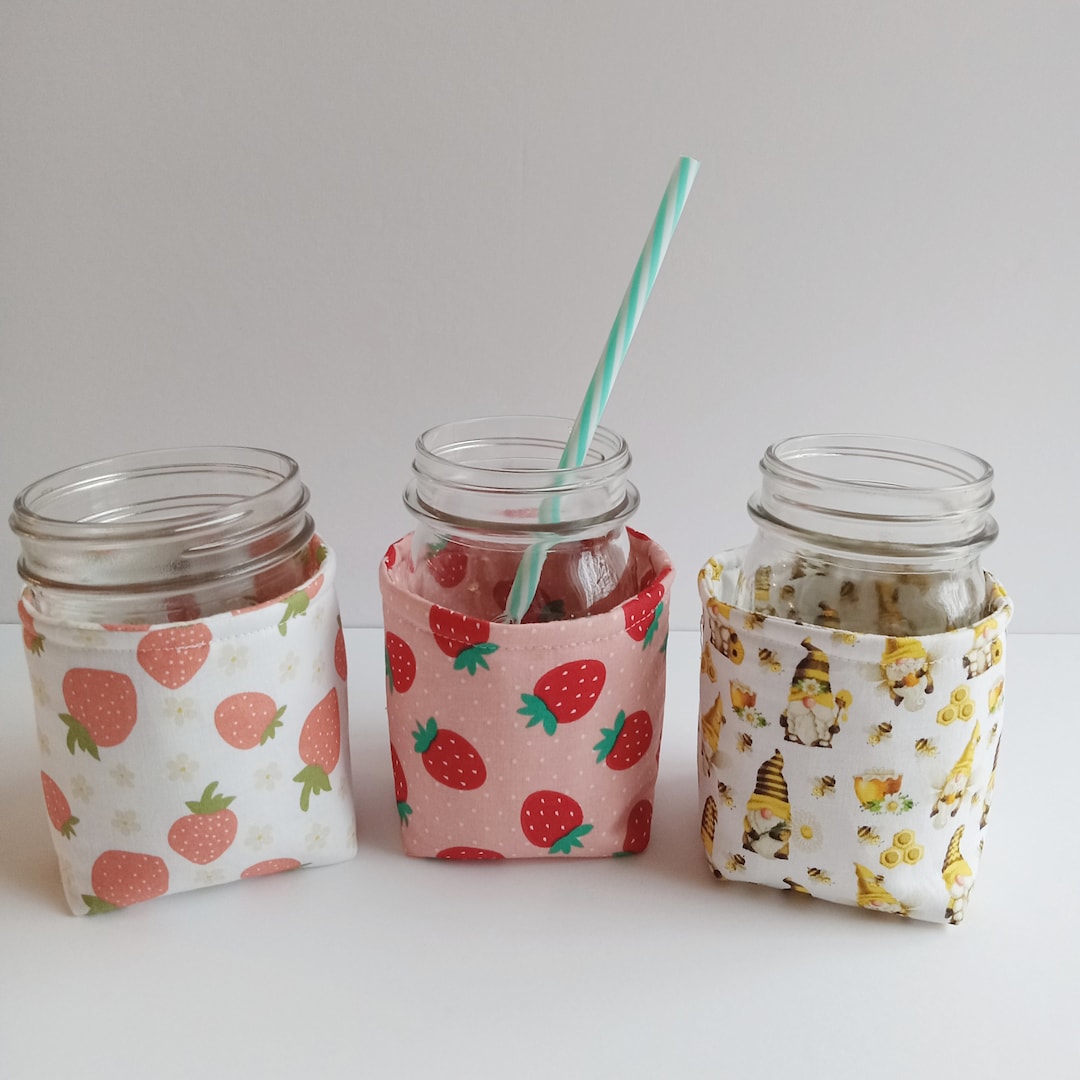 Insulated Mason Jar Cozies Cute Prints Mason Jar Cozy Pink Strawberries ...