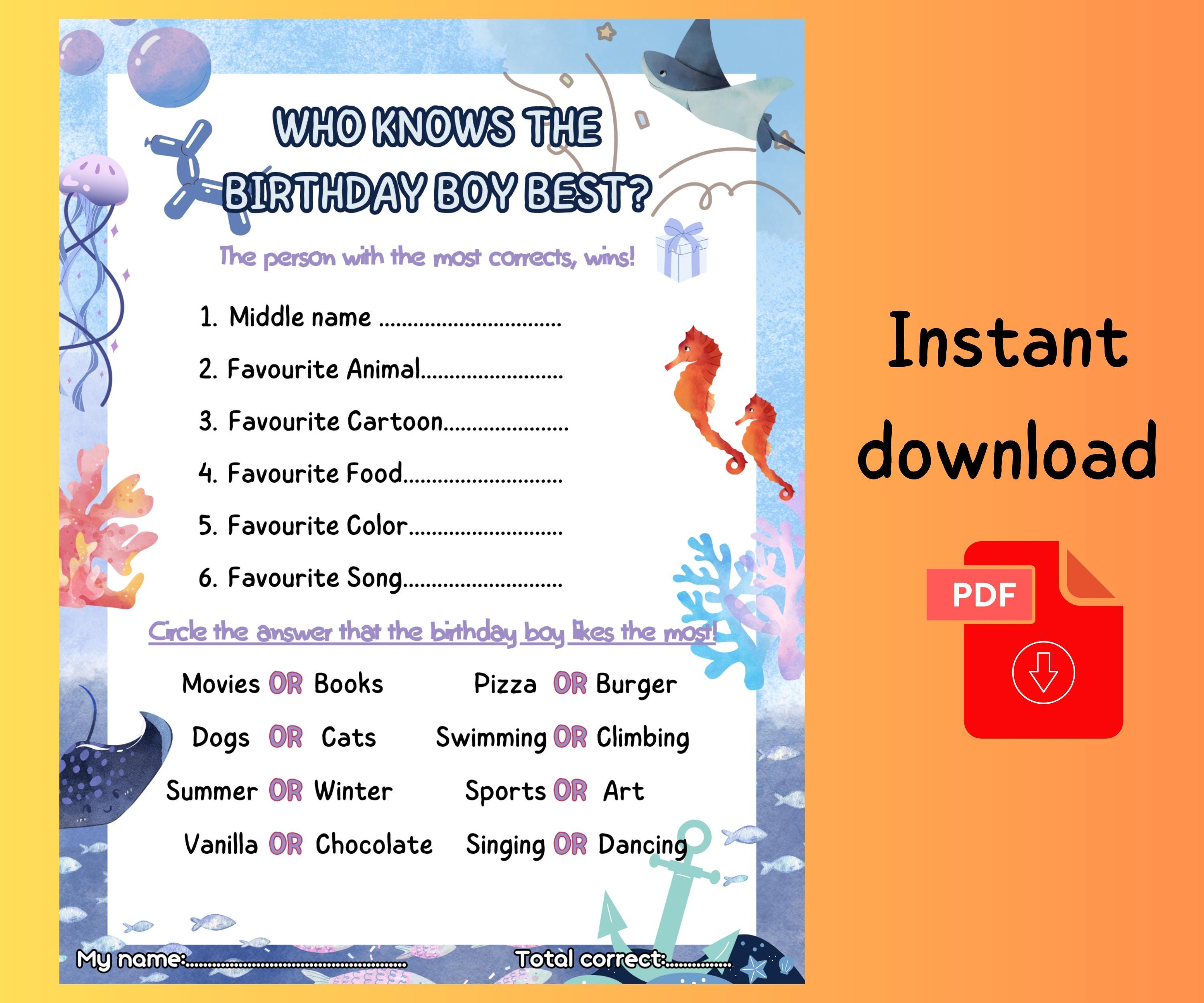 Who Knows the Birthday Boy Best Printable Birthday Party Game PDF ...