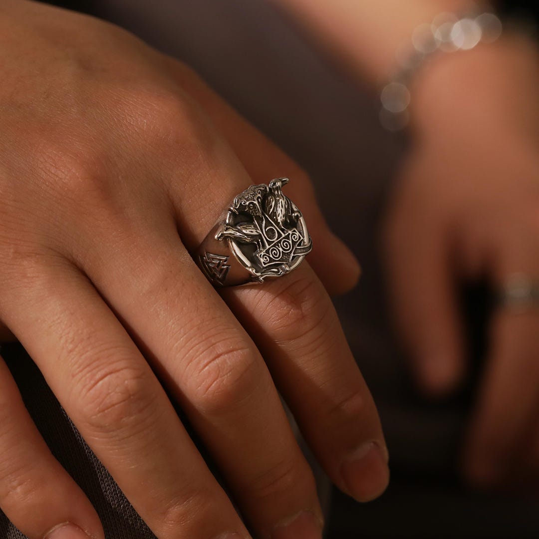 Skåne Hammer Viking Ring - Signet With Valknut & Ravens, Midgard ...