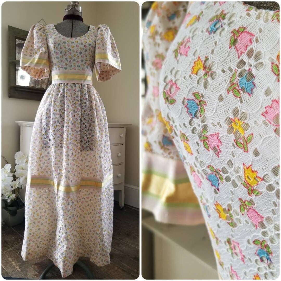 1970s Vintage Maxi Dress • White Eyelet Lace • Pastel Pink Blue Tulips ...