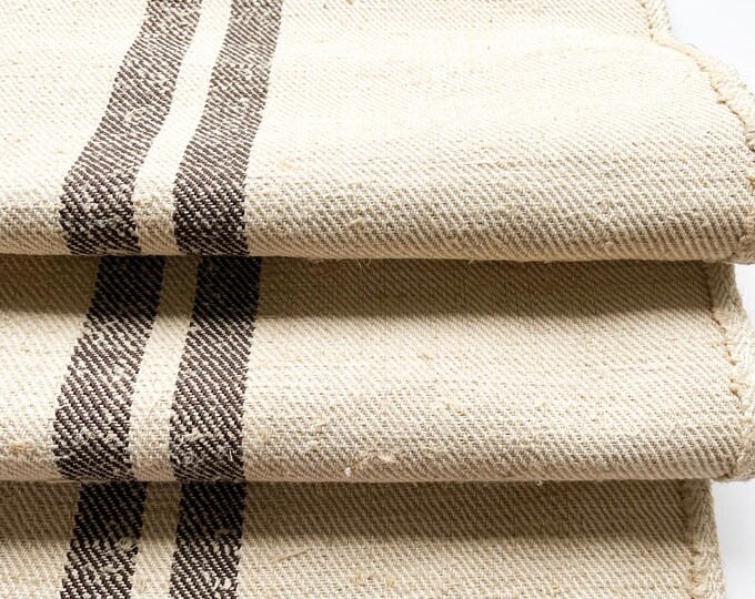 Antique Linen Grain Sack Fabric With Brown Stripes, Vintage Floorsack ...