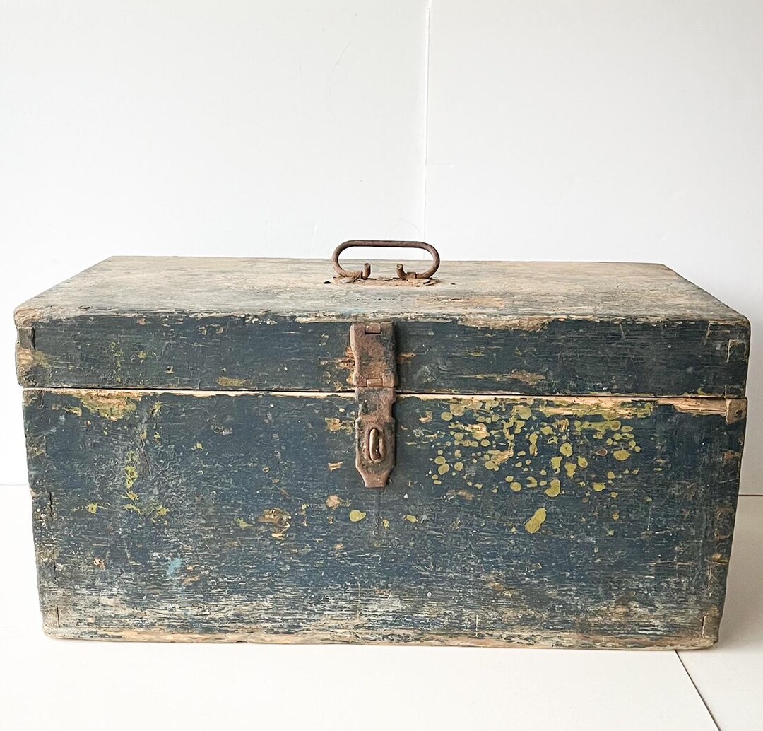 Antique Navy Blue Wooden Rustic Storage Chest, Blanket Box, Hand ...