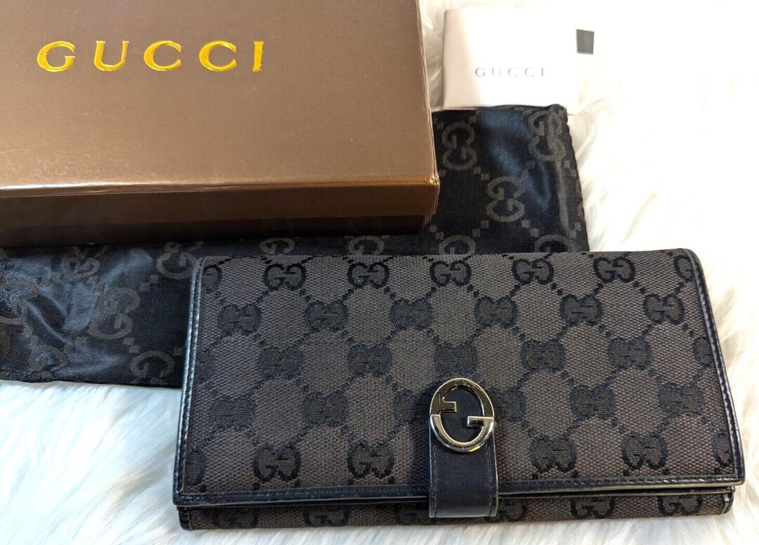 Authentic Gucci GG Long Wallet Canvas and Leather With Dust Bag and Box ...