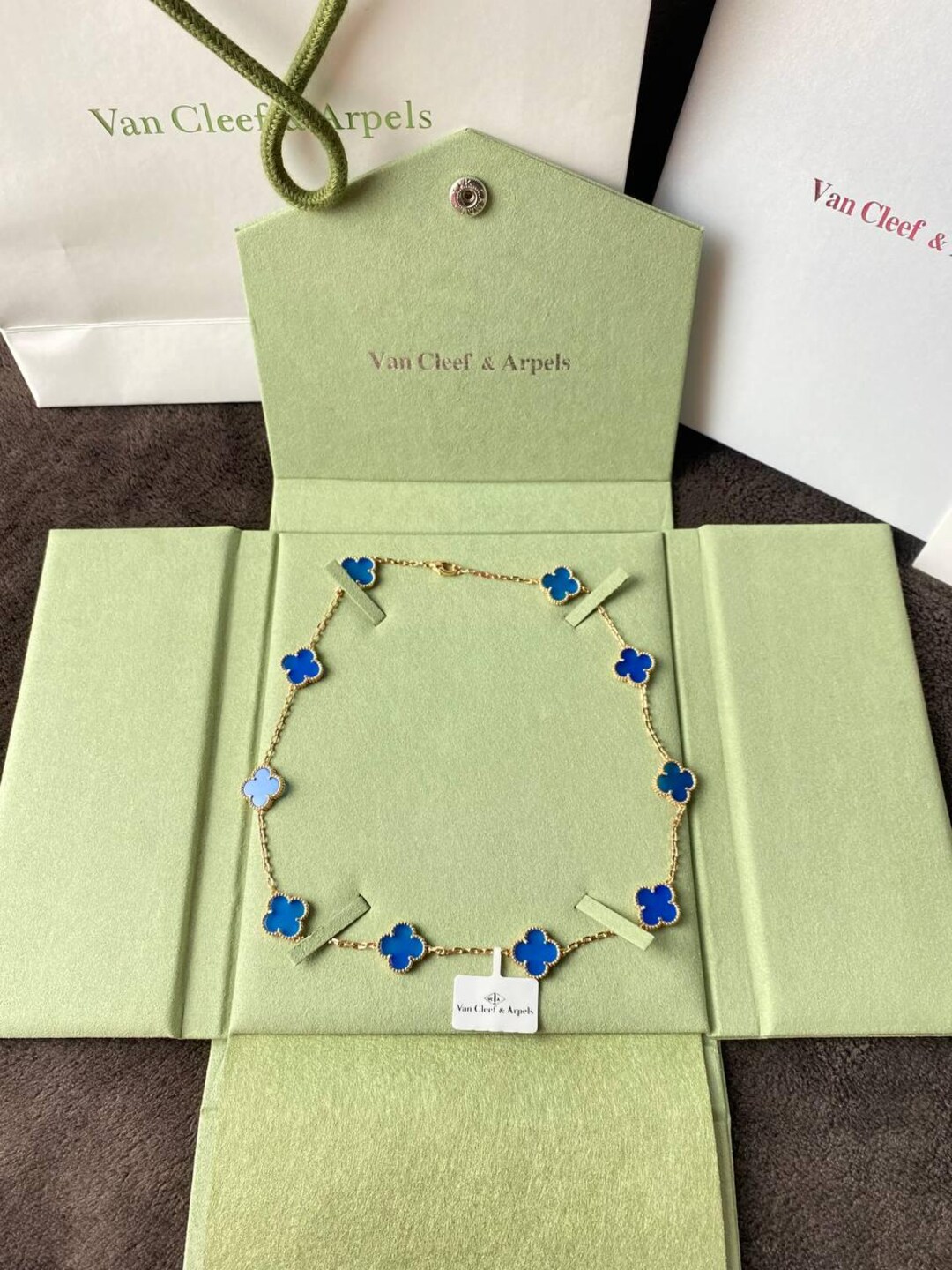 Van Cleef & Arpels 18k Yellow Gold Blue Motif Chain Necklace Luxury ...