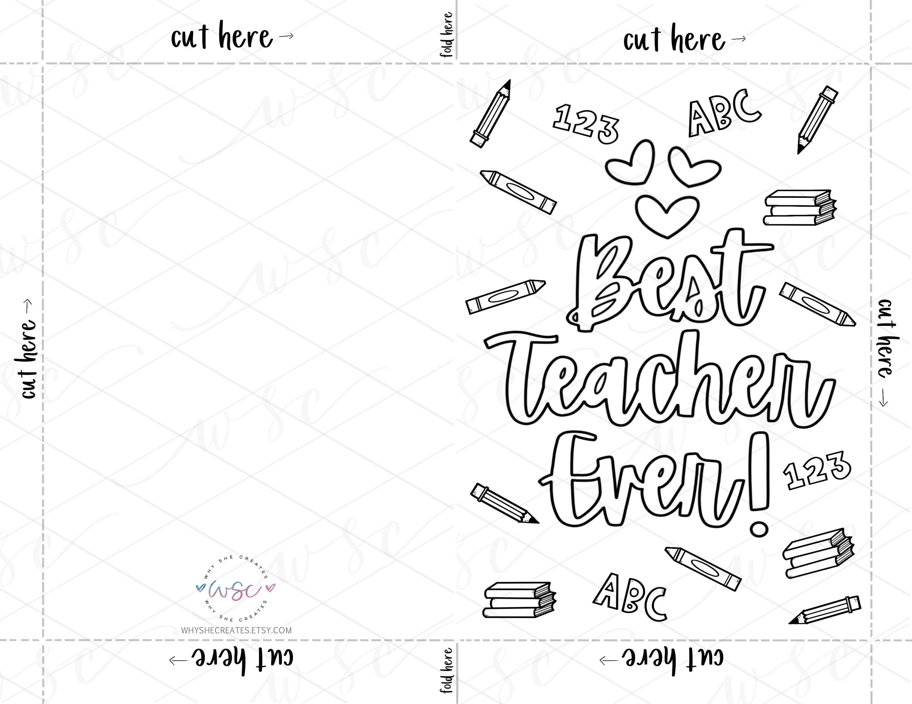 Printable Coloring Card Best Teacher Ever card Teacher | Etsy