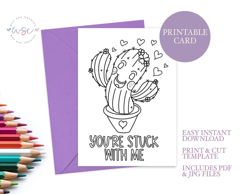 Printable Coloring Card Cute Cactus Card You're Stuck - Etsy