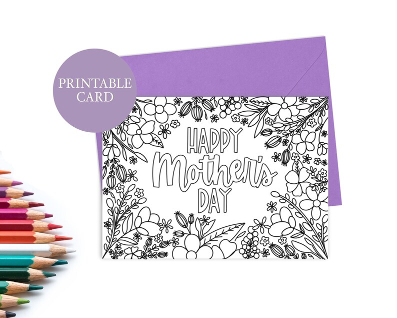 Printable Coloring Card Happy Mother's Day Floral | Etsy