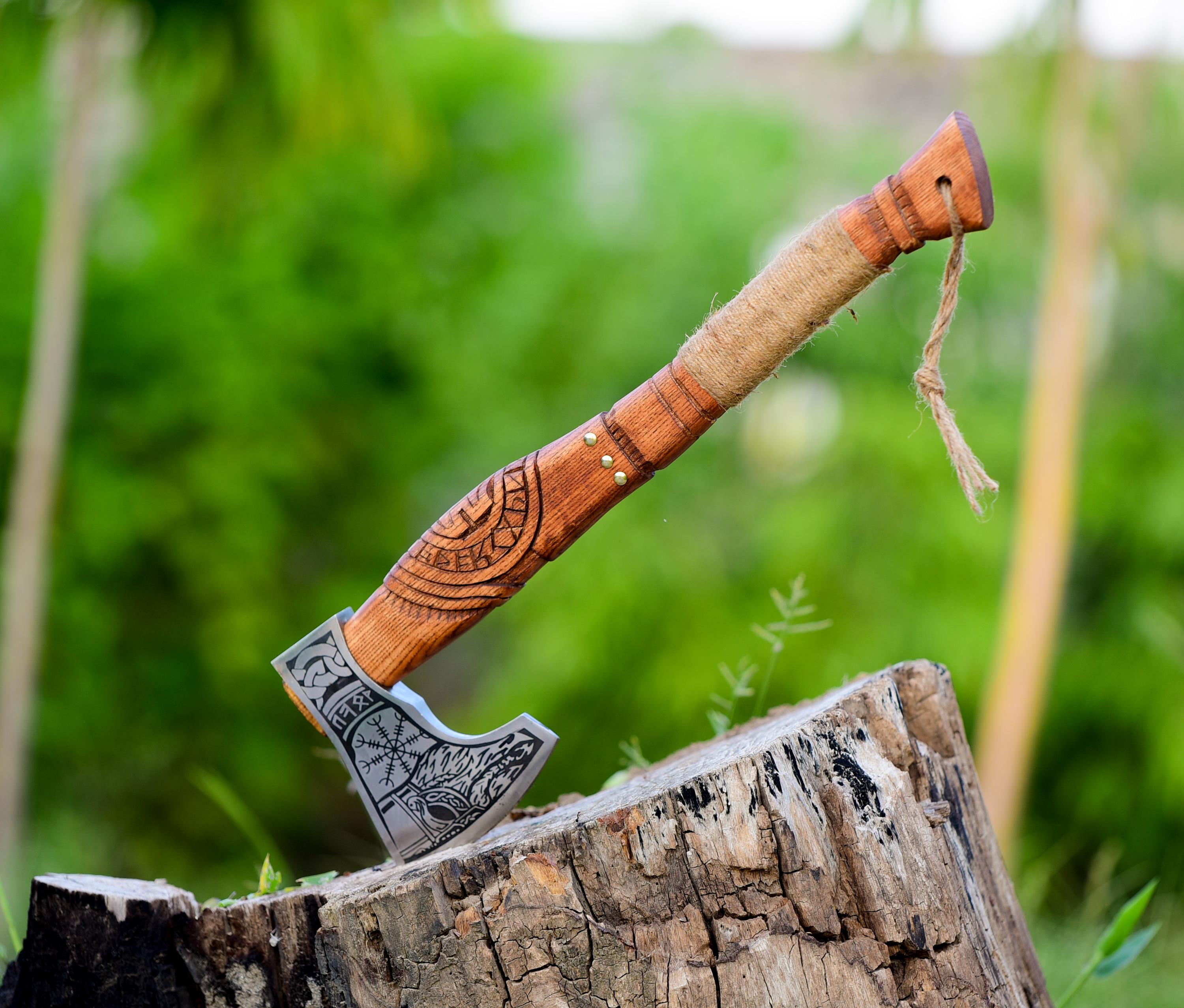 Custom Hand Made Steel Engraving Axe With Wood Work on Handle and Pouch ...